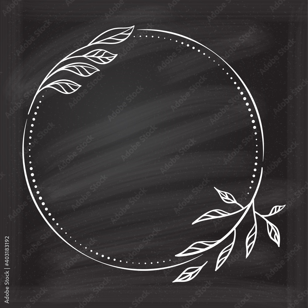 Vector round dotted frame with floral decoration on the chalkboard ...
