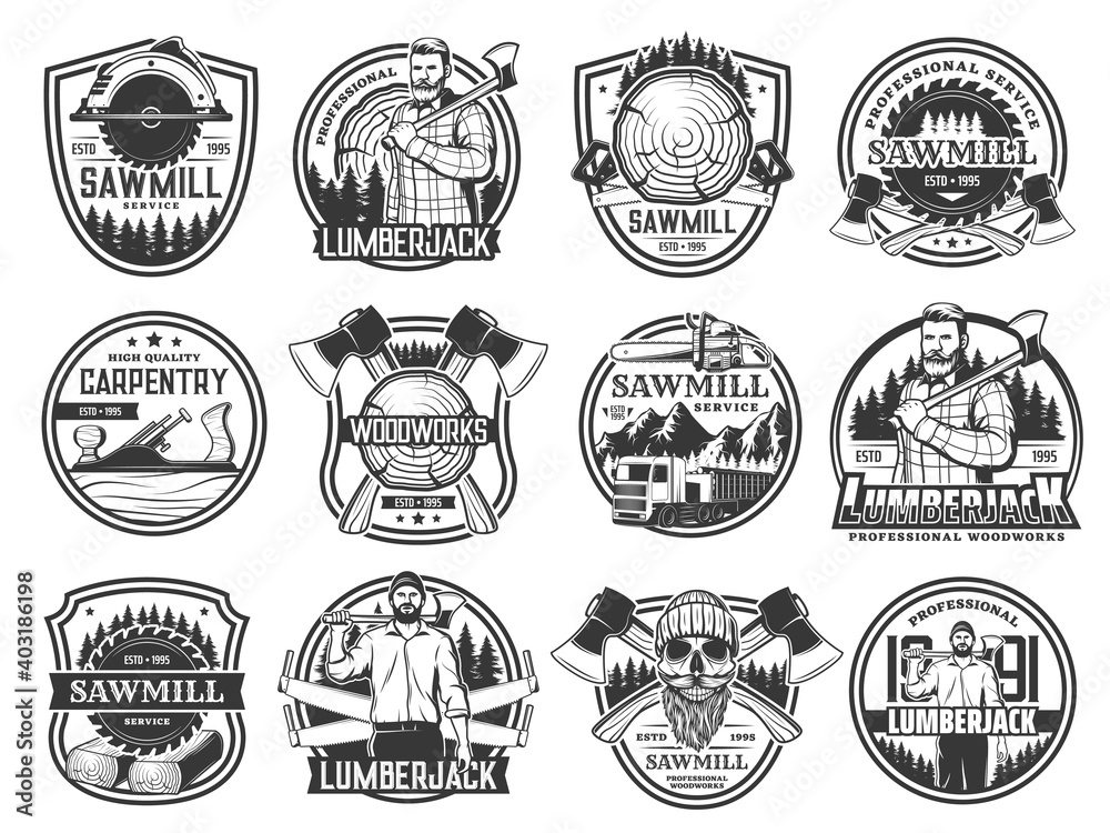 Lumberjack, lumbering and logging wood forestry, vector skull in hat ...