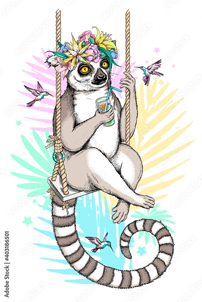 Cute ring-tailed lemur on a rope swing. Animal in a flower wreath ...