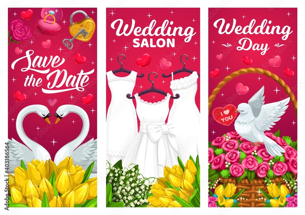 Wedding day, marriage banners with bridal dresses, swans couple and ...