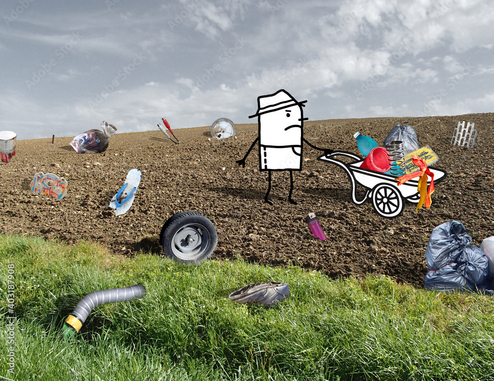 Cartoon Farmer with a Wheelbarrow in a Polluted Field Stock Photo ...