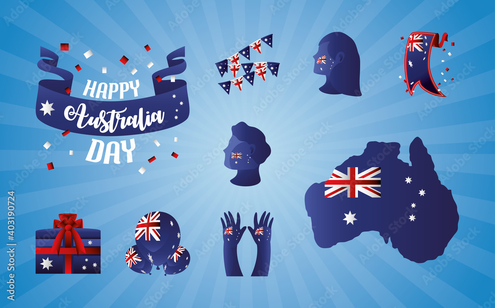 australia day, flag national with people profile hands map balloons and ...