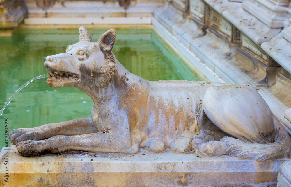 She-wolf statue of Fonte Gaia fountain in Piazza Del Campo square ...