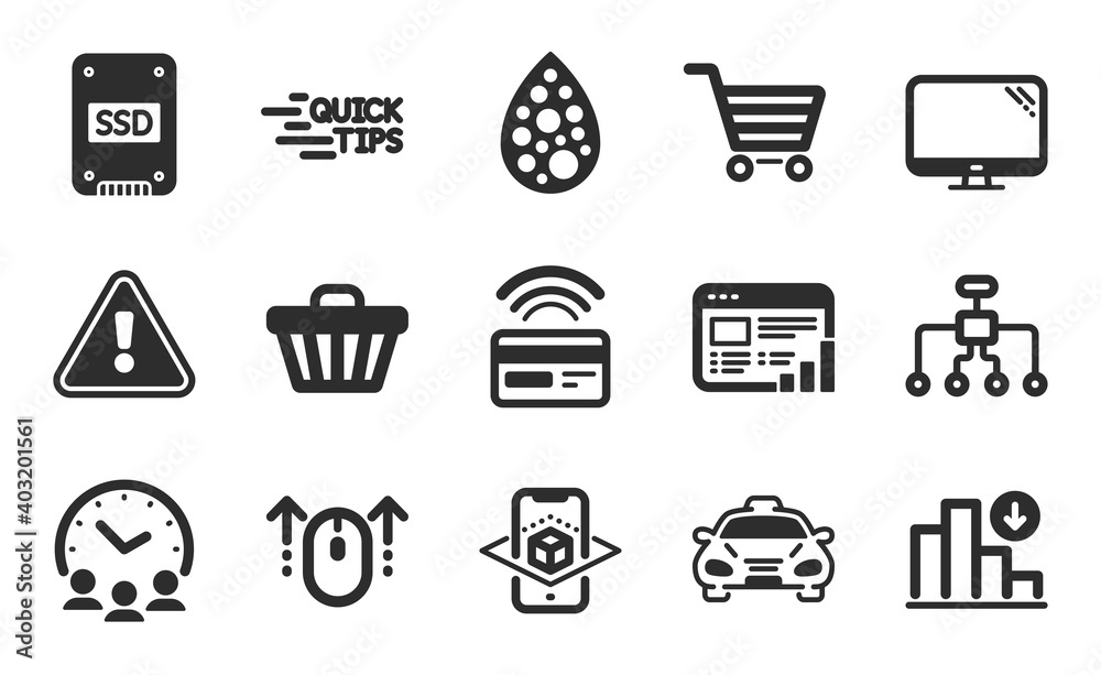 Meeting time, Web report and Contactless payment icons simple set. Decreasing graph, Shop cart ...