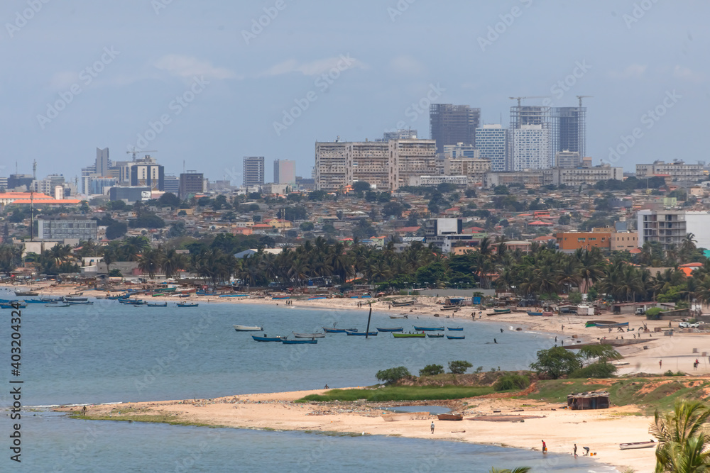 Aerial view of downtown Luanda, marine coast and beach, marginal and ...