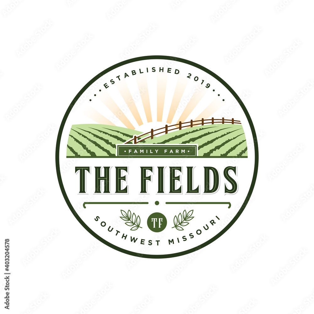 Vintage farm emblem, logo, badge, agriculture, green, greenfield, sun ...