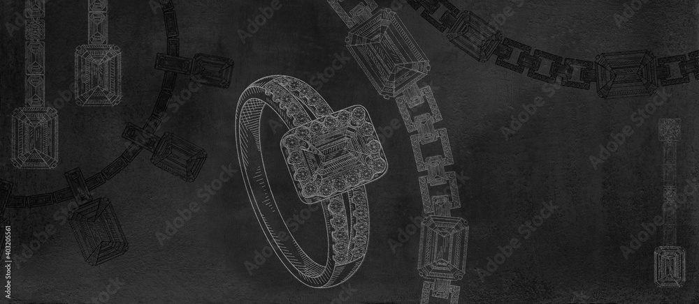 Pencil drawing of diamond ring and a necklace with precious stones on a ...