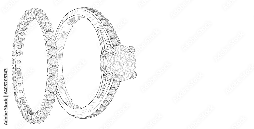 Drawing of rings with precious stones on a white background. Isolated ...