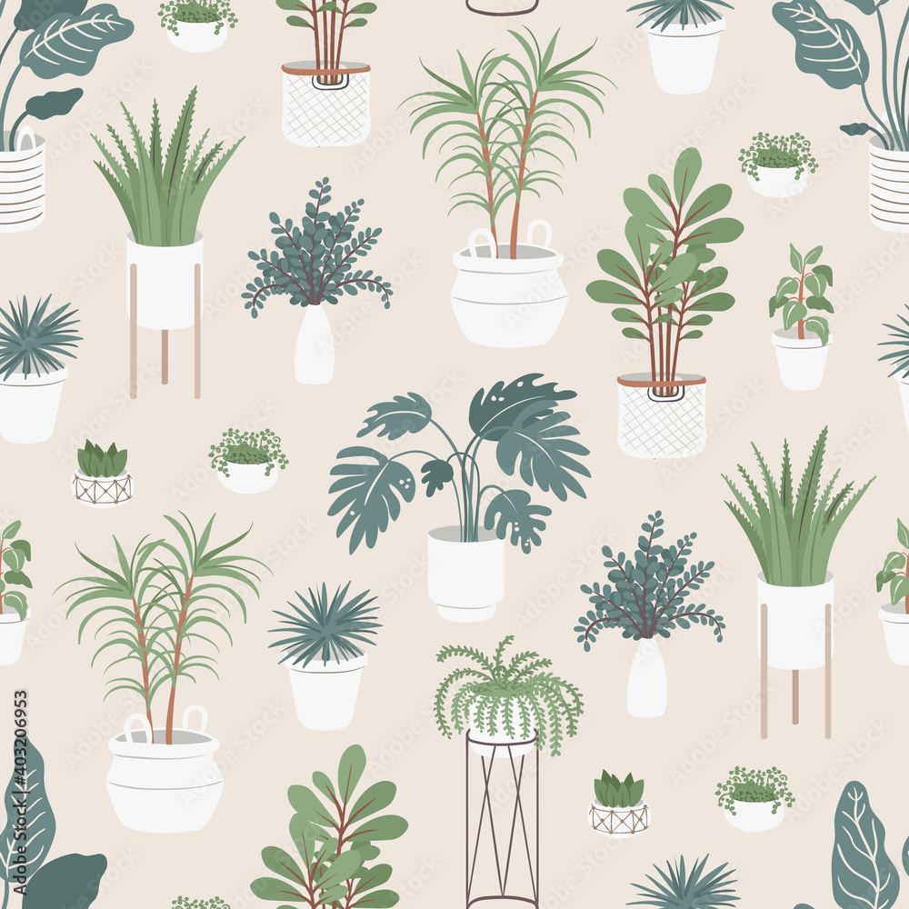 Vector colorful seamless pattern with indoor plants and flowers ...
