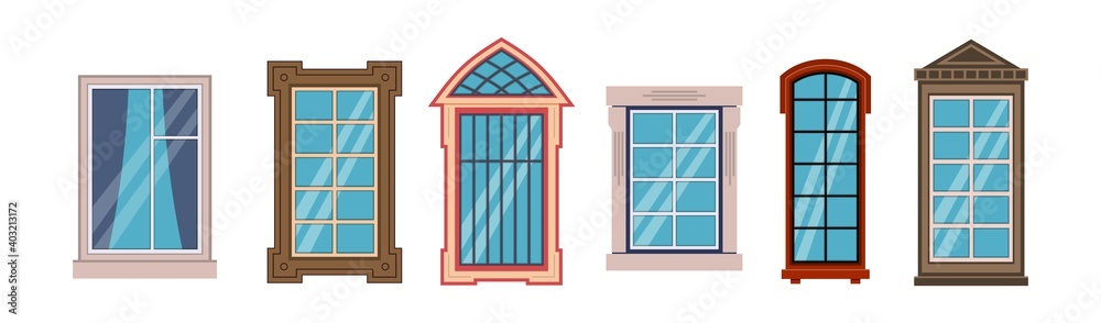 Cartoon windows frames. Colorful various wooden and plastic office ...