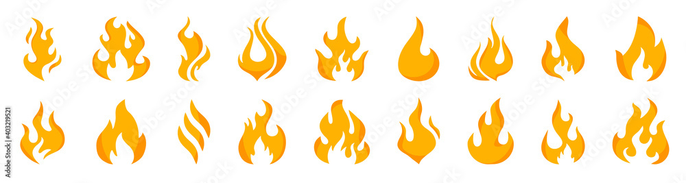 Collection flames of different shapes. Set of Burning Fire, flames ...