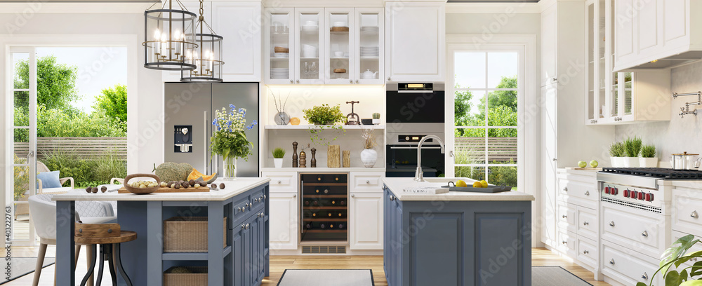 Interior design of a kitchen in a modern house with an open terrace ...