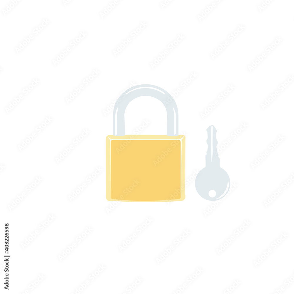 Metal lock and key isolated on white background. Golden lock icon ...