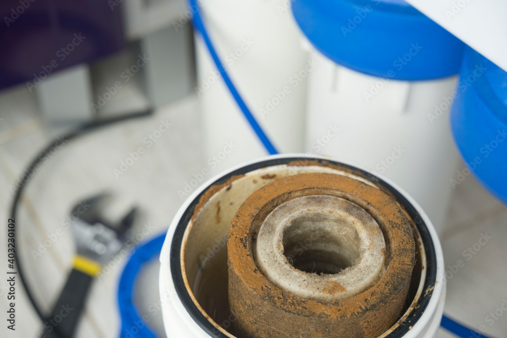 Dirty water filter cartridge used . Domestic water osmosis system at ...