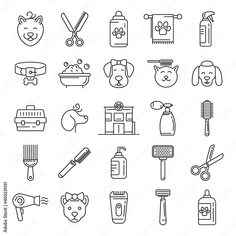 Groomer icons set. Outline set of groomer vector icons for web design ...