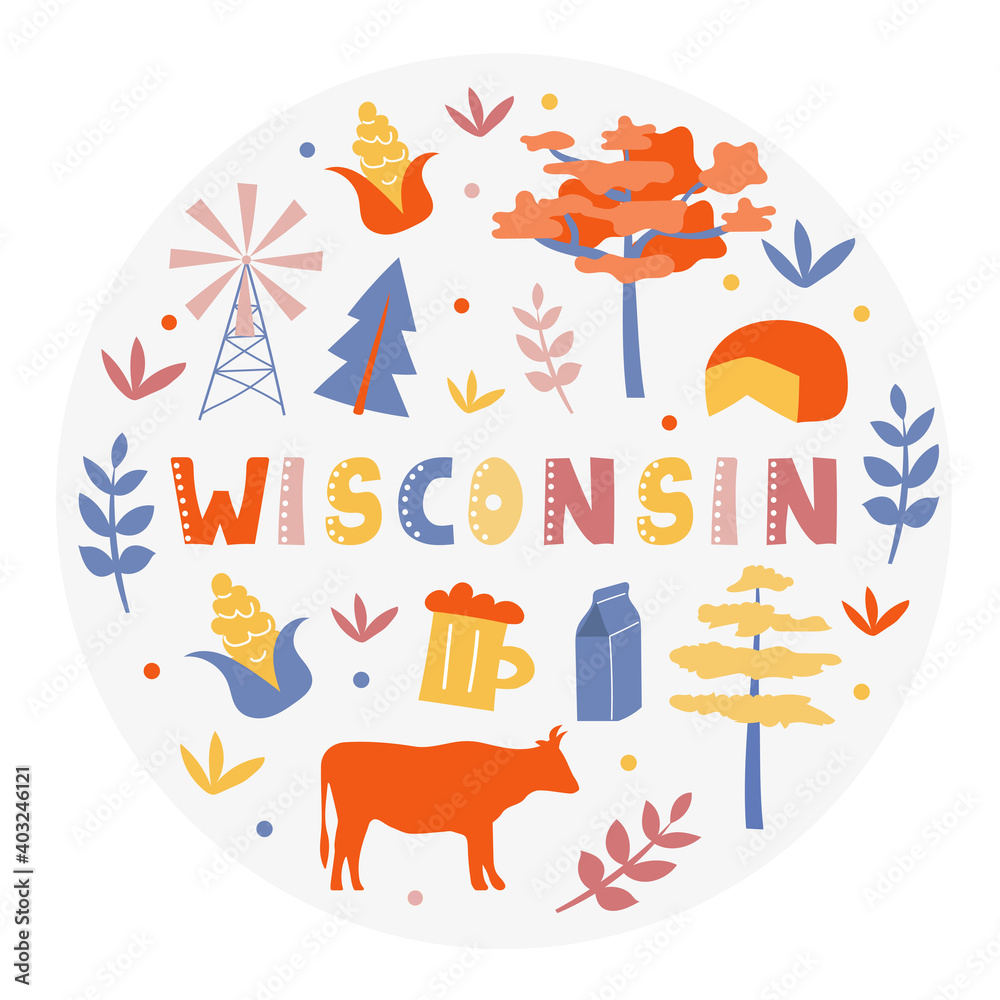 USA collection. Vector illustration of Wisconsin theme. State Symbols ...