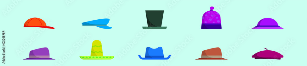 set of hats cartoon icon design template with various models. vector ...