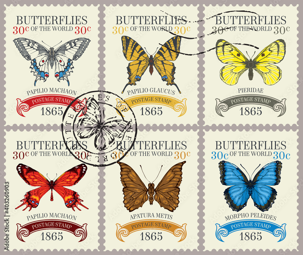 Set of old postage stamps with various bright beautiful butterflies and ...