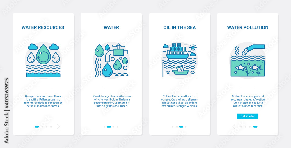 Eco water pollution problem vector illustration. UX, UI onboarding ...