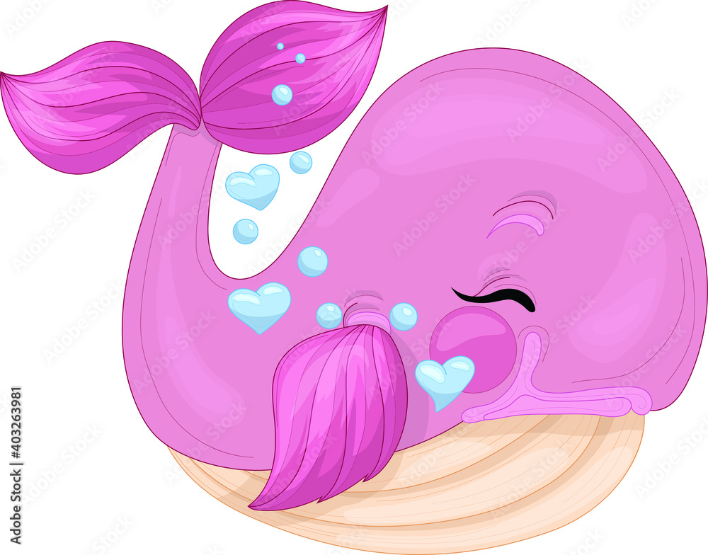 Cartoon colorful pink whale with heart bubbles template. Bright vector ...