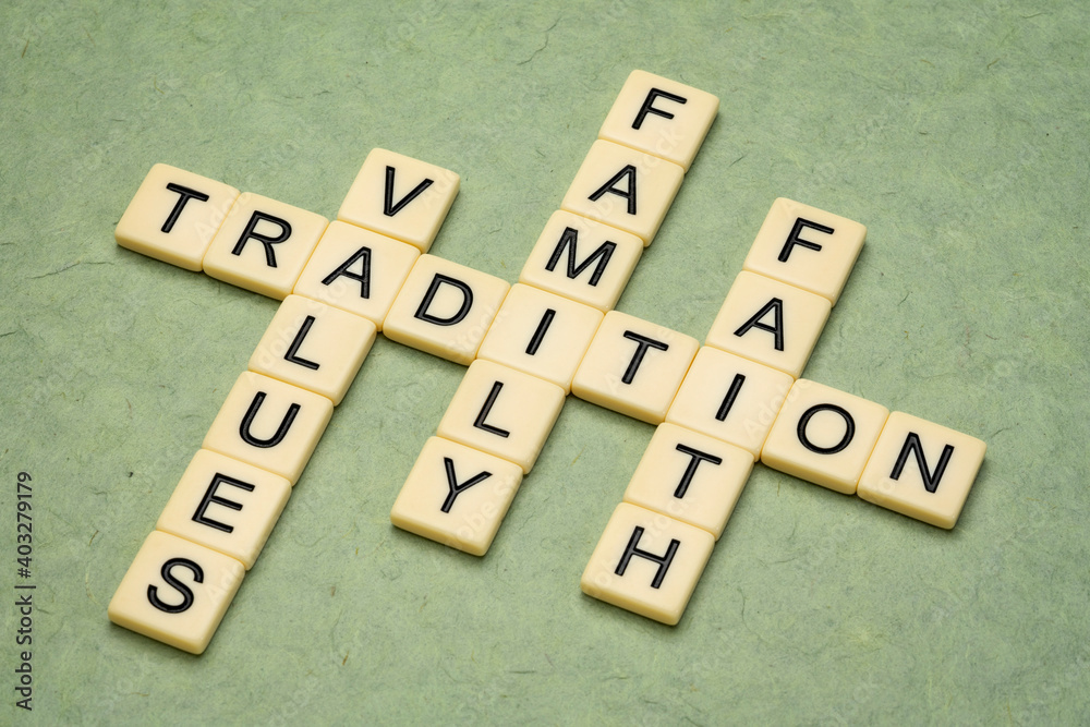 values, tradition, family and faith crossword in ivory letter tiles ...
