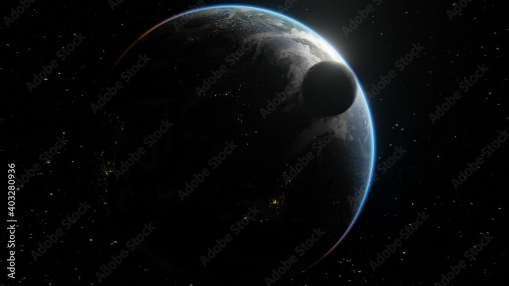 Sunrise on Earth from space over stars background. Moon flying on orbit ...