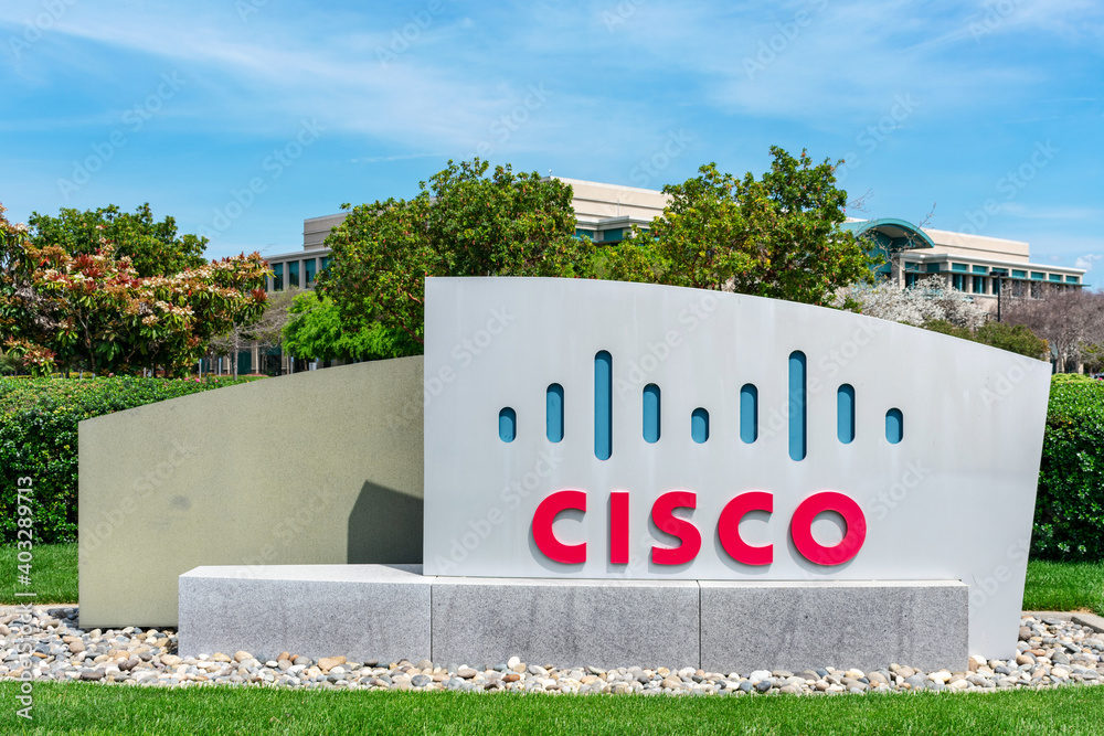 Cisco sign near Cisco headquarters campus in Silicon Valley. The red ...