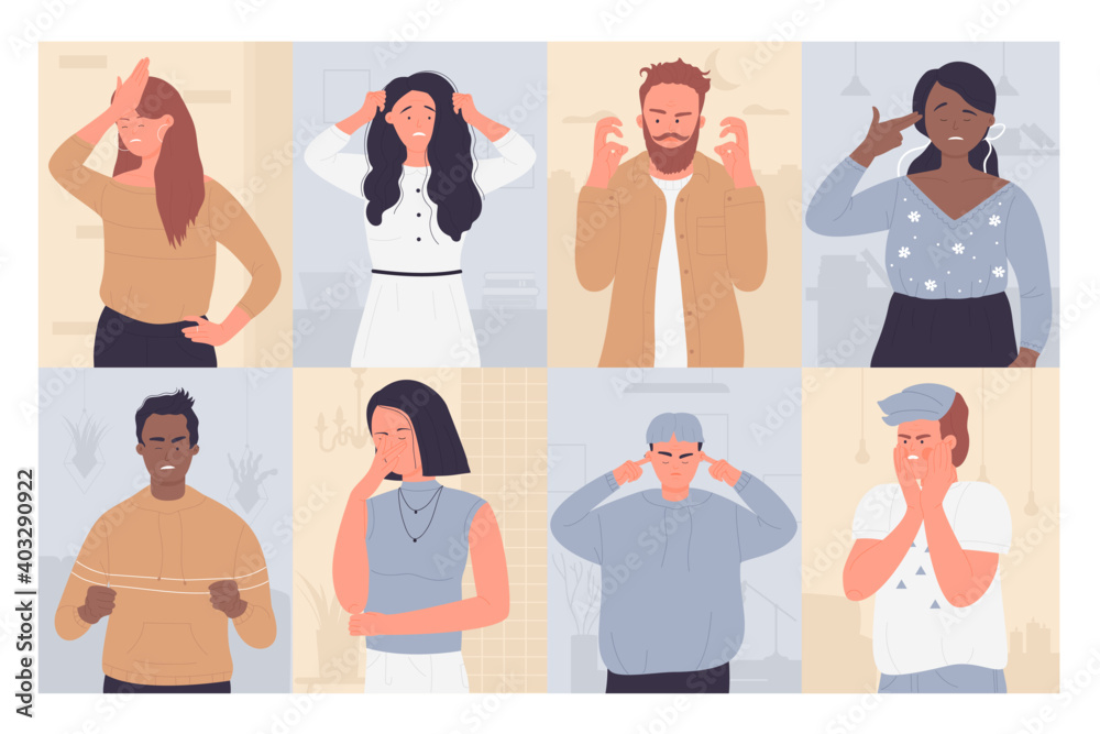 Upset annoyed people vector illustration set. Cartoon sad unhappy ...