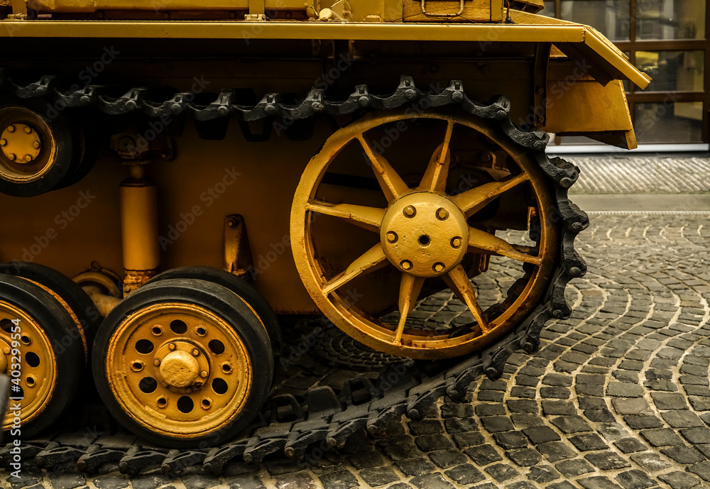detail of German Military tank. Wheels and Caterpillars of a military ...