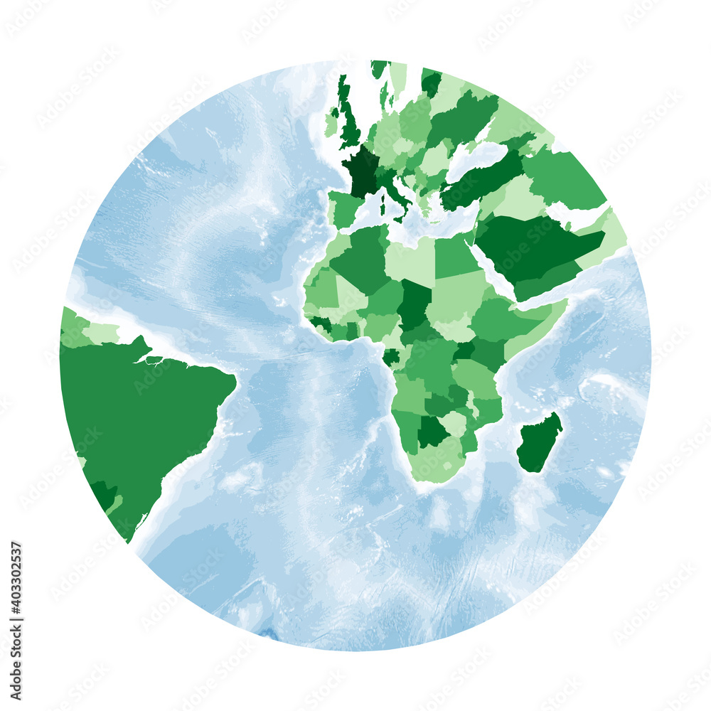 World Map. Gnomonic projection. World in green colors with blue ocean ...