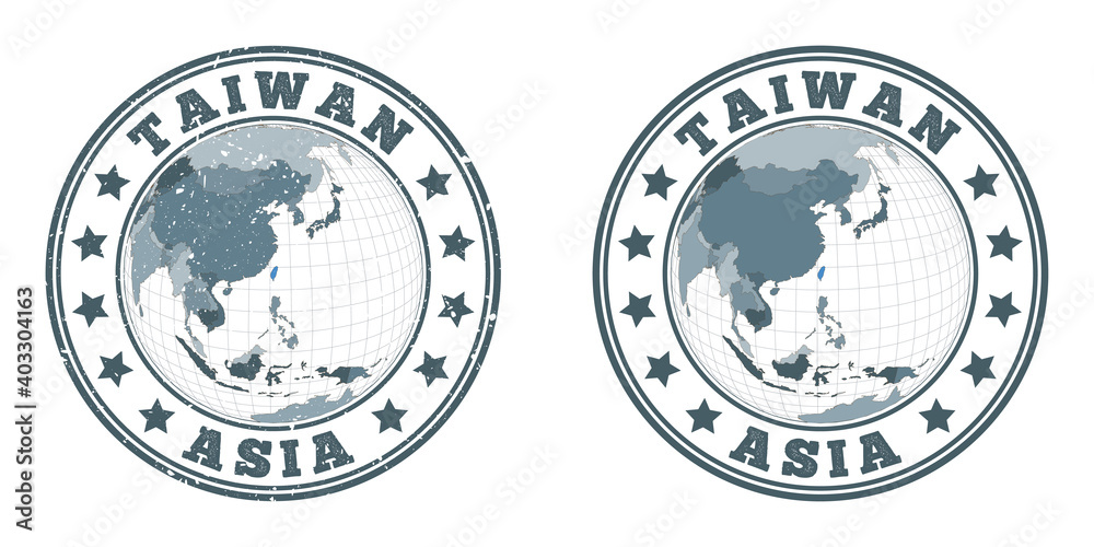 Taiwan round logos. Circular badges of country with map of Taiwan in ...