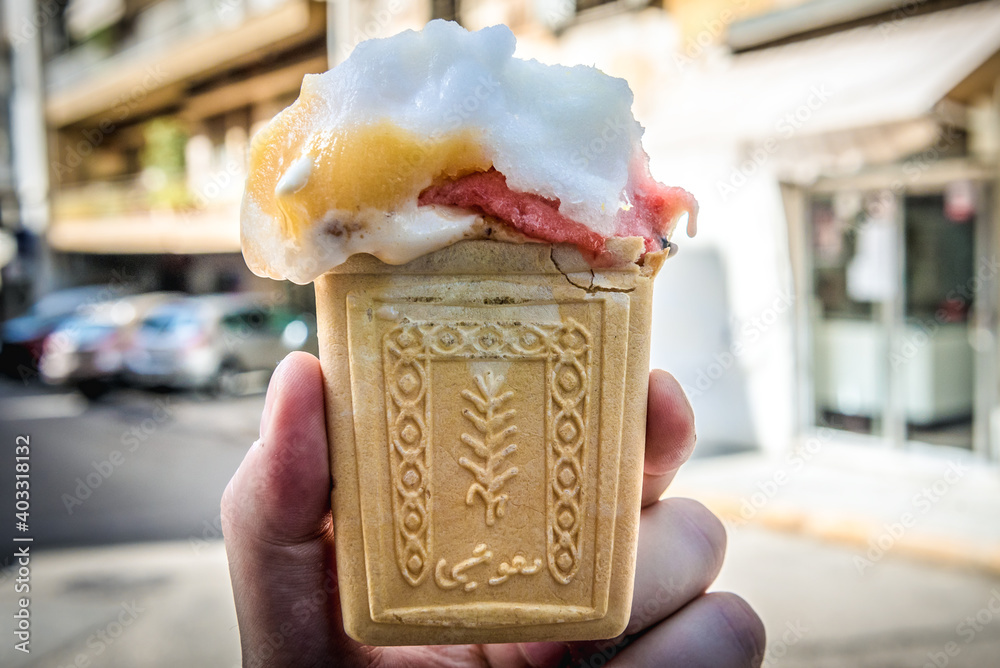 Beirut, Lebanon - March 7, 2020: Ice cream from one of the old famous ...