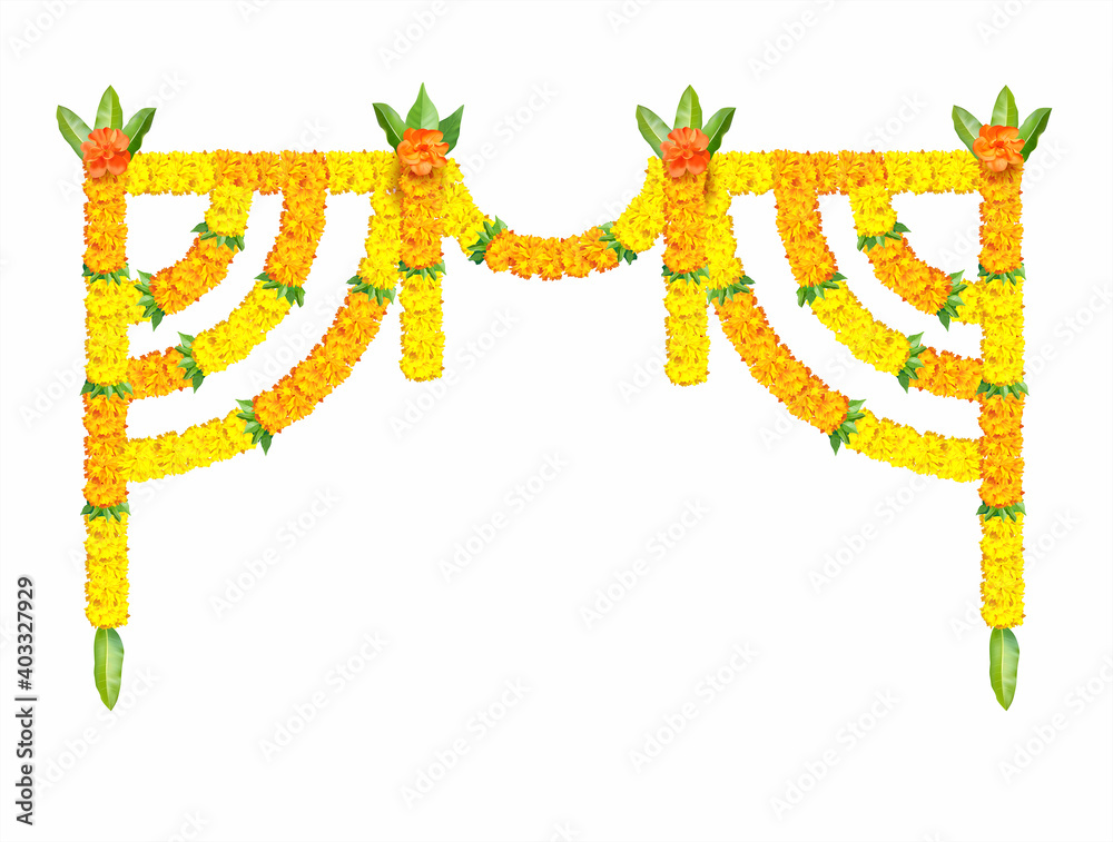Indian traditional floral festive garland (toran) with zendu flowers ...