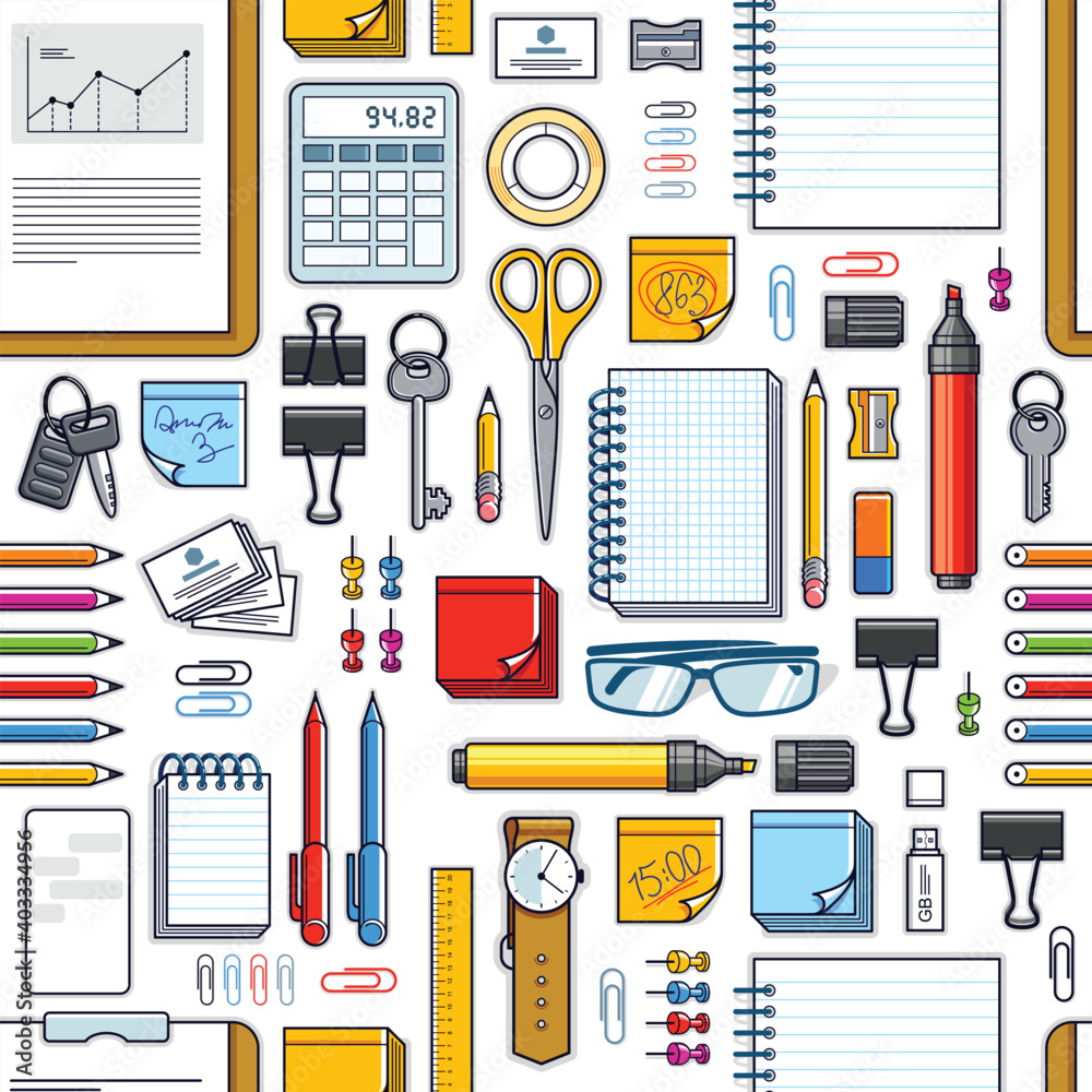 Work office desk top view with a lot of different stationery elements ...