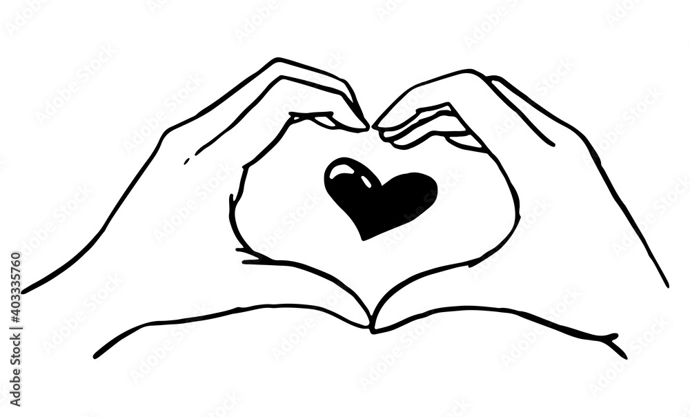 Doodle of heart gesture, hands in shape of hearts. Hand drawn vector ...