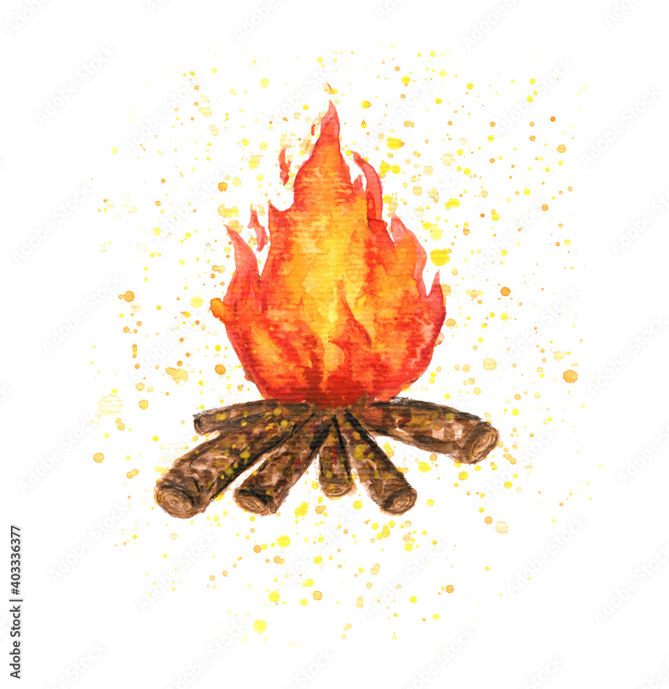Cute watercolor bonfire with red and orange fire and brown logs ...