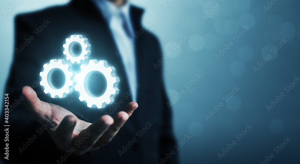 Hand showing icon gear process. Concept of automation software ...