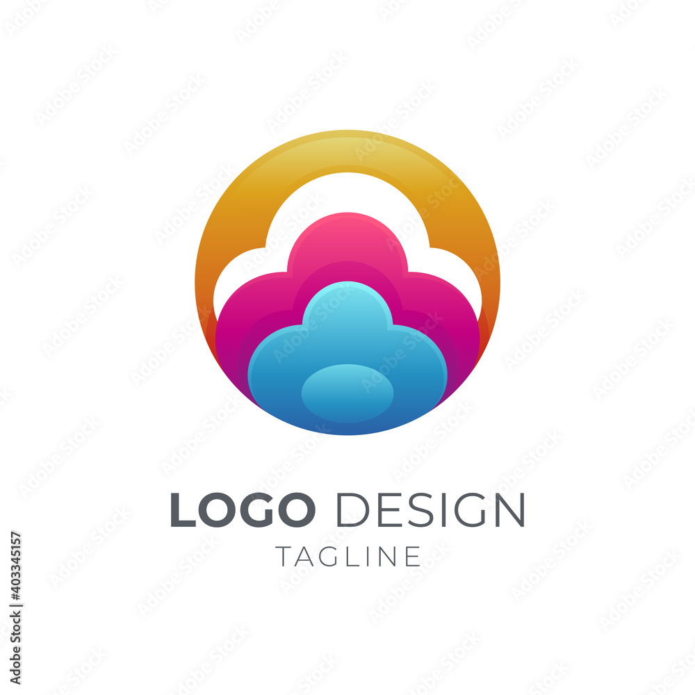 Colorful cloud logo in circle shape with 3d paper art layer concept ...