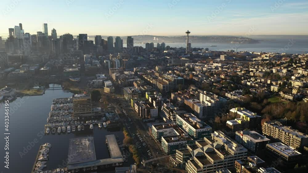 Sunrise aerial panning footage of East Queen Anne, Queen Anne, South ...