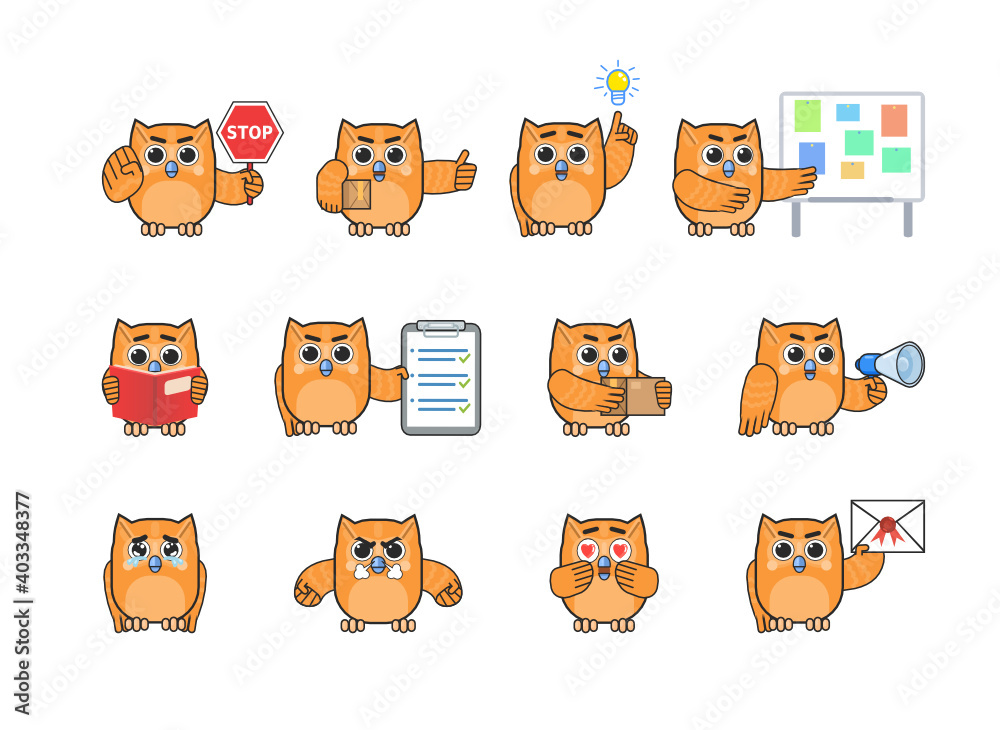 Set of yellow owl characters showing various actions. Cute owl mascot ...