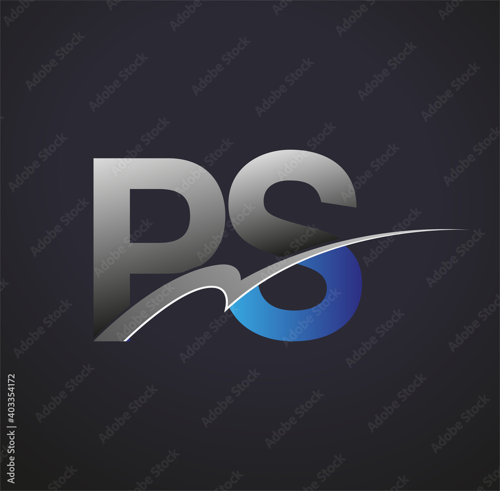 initial letter PS logotype company name colored blue and grey swoosh ...