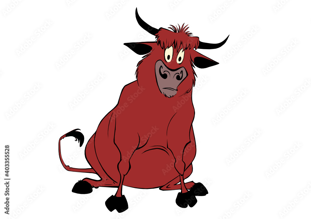Bull sitting cartoon illustration vector drawing with color Stock ...