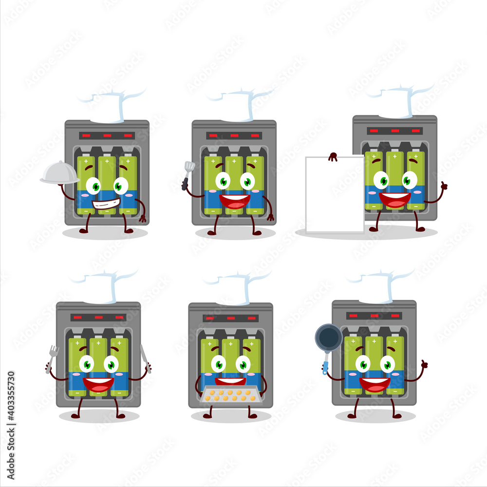 Cartoon character of electric battery charge with various chef ...