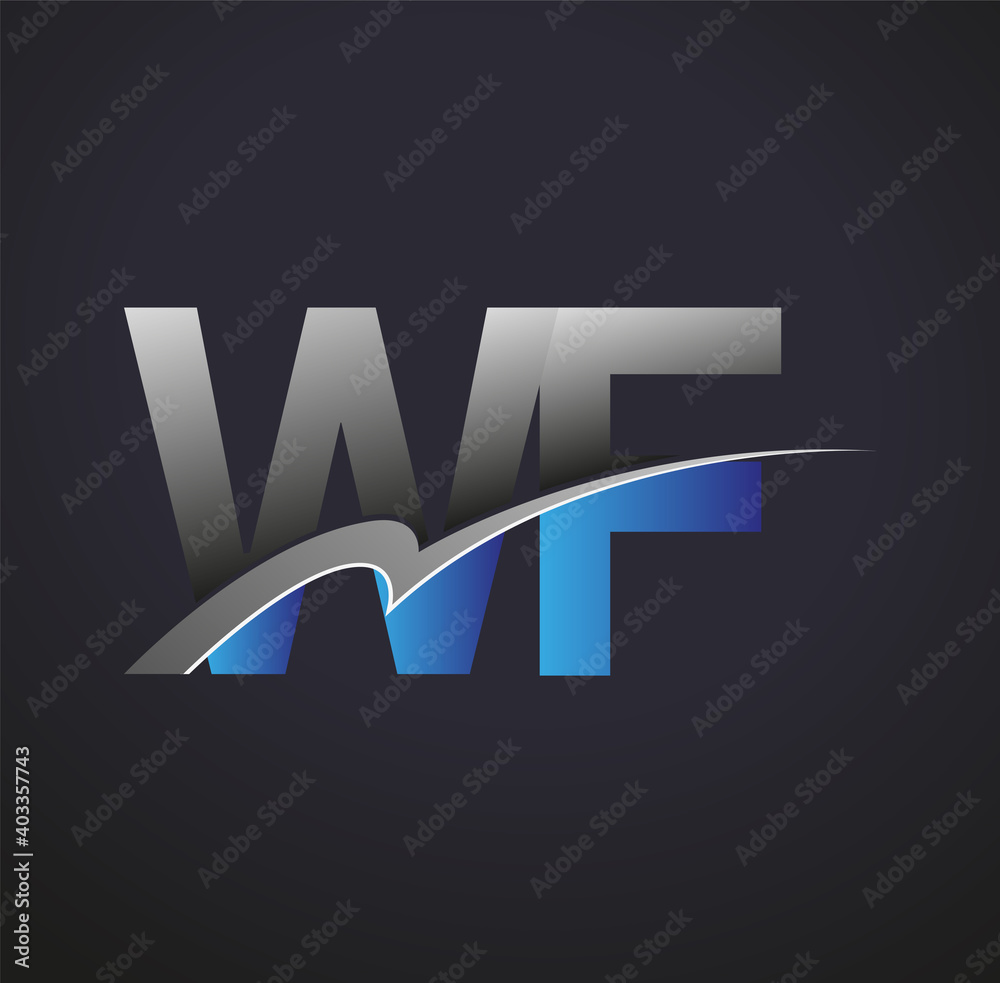 initial letter WF logotype company name colored blue and grey swoosh ...