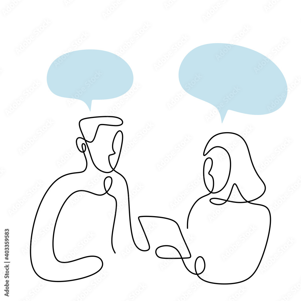 One line drawing of young doctor talking with nurse in blank speech ...