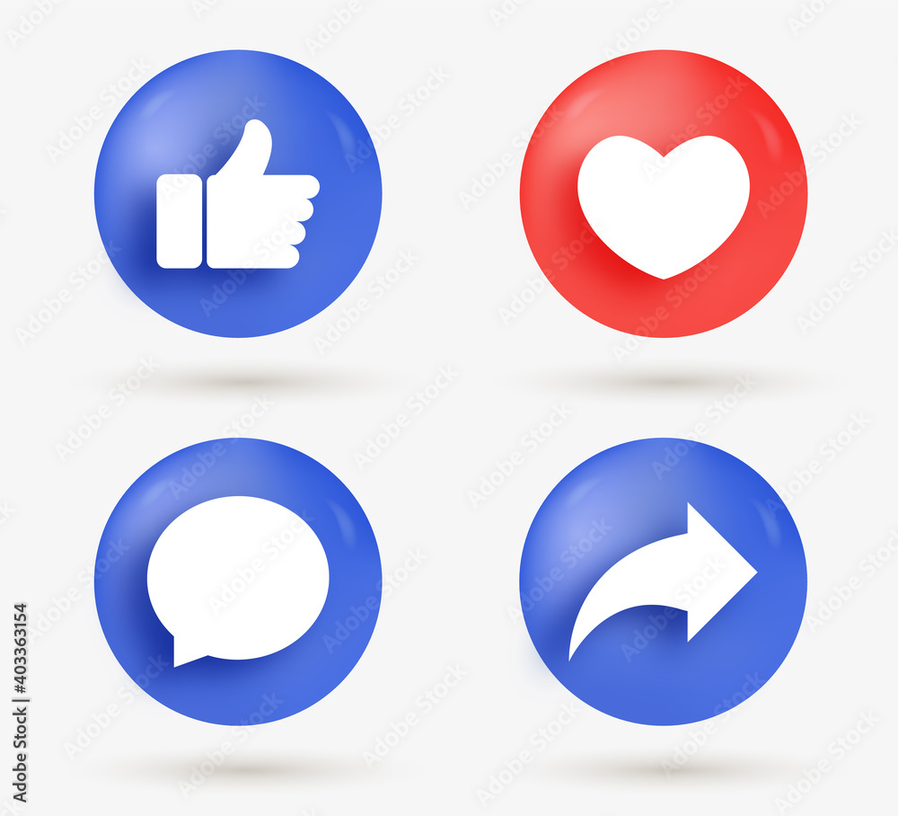 3d social media notification icons, Like love comment share buttons in ...