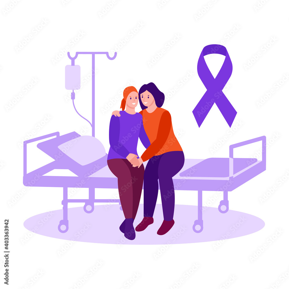 A woman with cancer sits on a bed in a hospital. A friend hugs ...