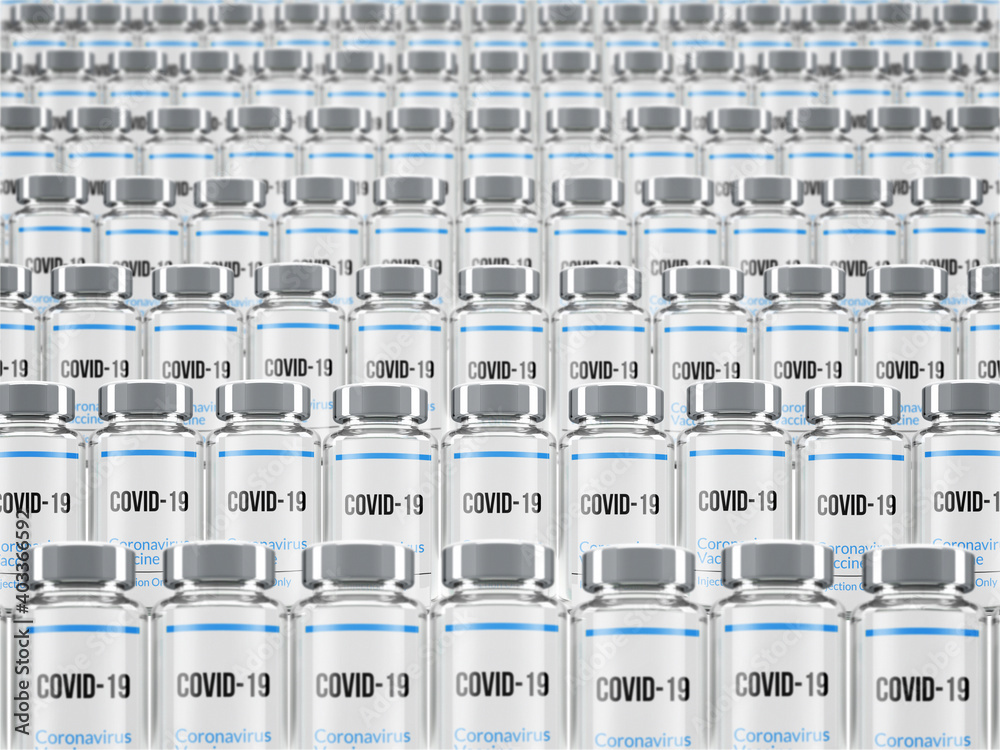 Rows of multiple Covid-19 vaccine vials. Mass production and ...
