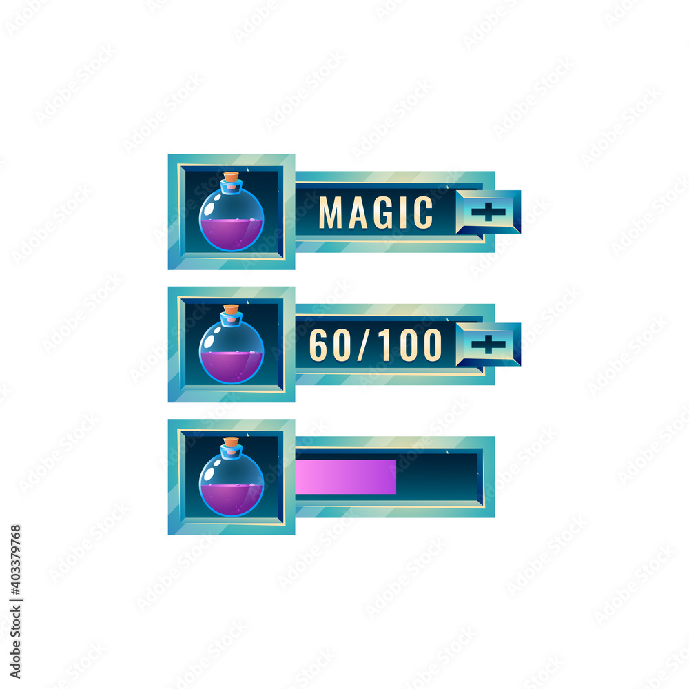 set of fantasy space game ui potion magic mana bar with numeric and ...