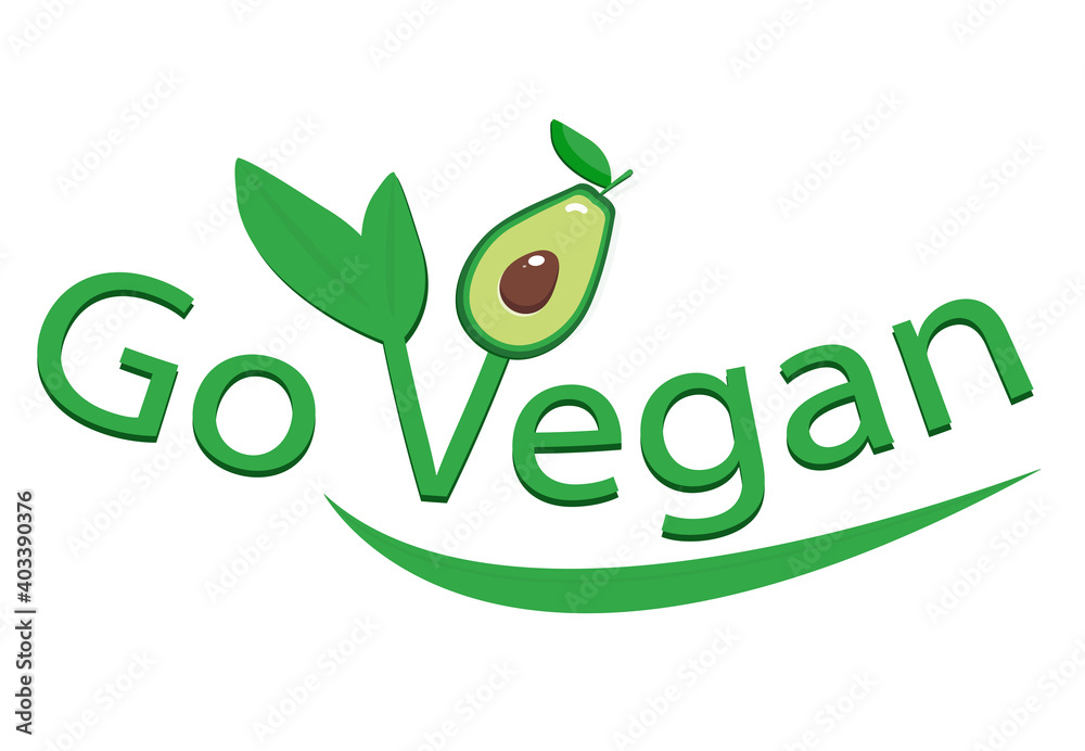 Go vegan, green word text with leaf and avocado, banner, logo design ...
